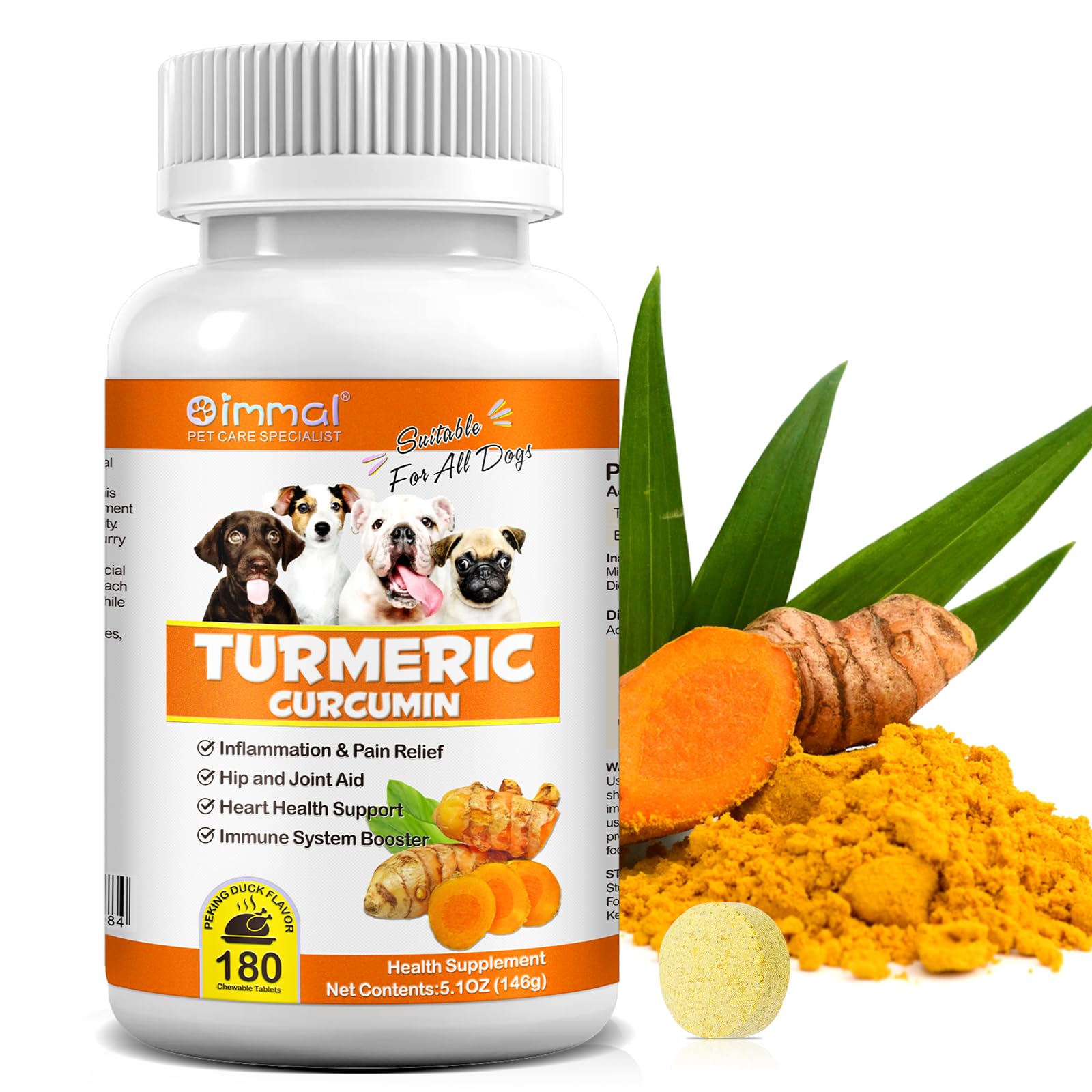 Turmeric for Dogs, 180P Turmeric Curcumin Chewable Tablets with Turmeric Root Supports Hip & Joint, Immune System, Heart Health, Maintains Mobility & Dogs Pain Relief, Pet Supplement Treats for Dogs