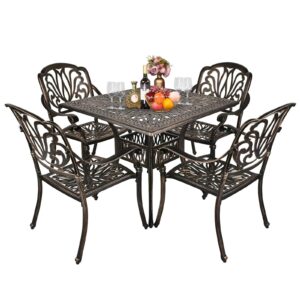 vingli 5 pieces outdoor patio dining set, cast aluminium patio furniture set with 4 chairs and 1 umbrella table for yard, garden, porch and poolside, bronze (square table and chairs)