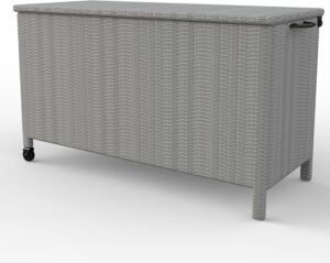 garveehome 120 gallon large deck box - built-in handles, wheels, rattan waterproof, patio furniture cushions, garden tools