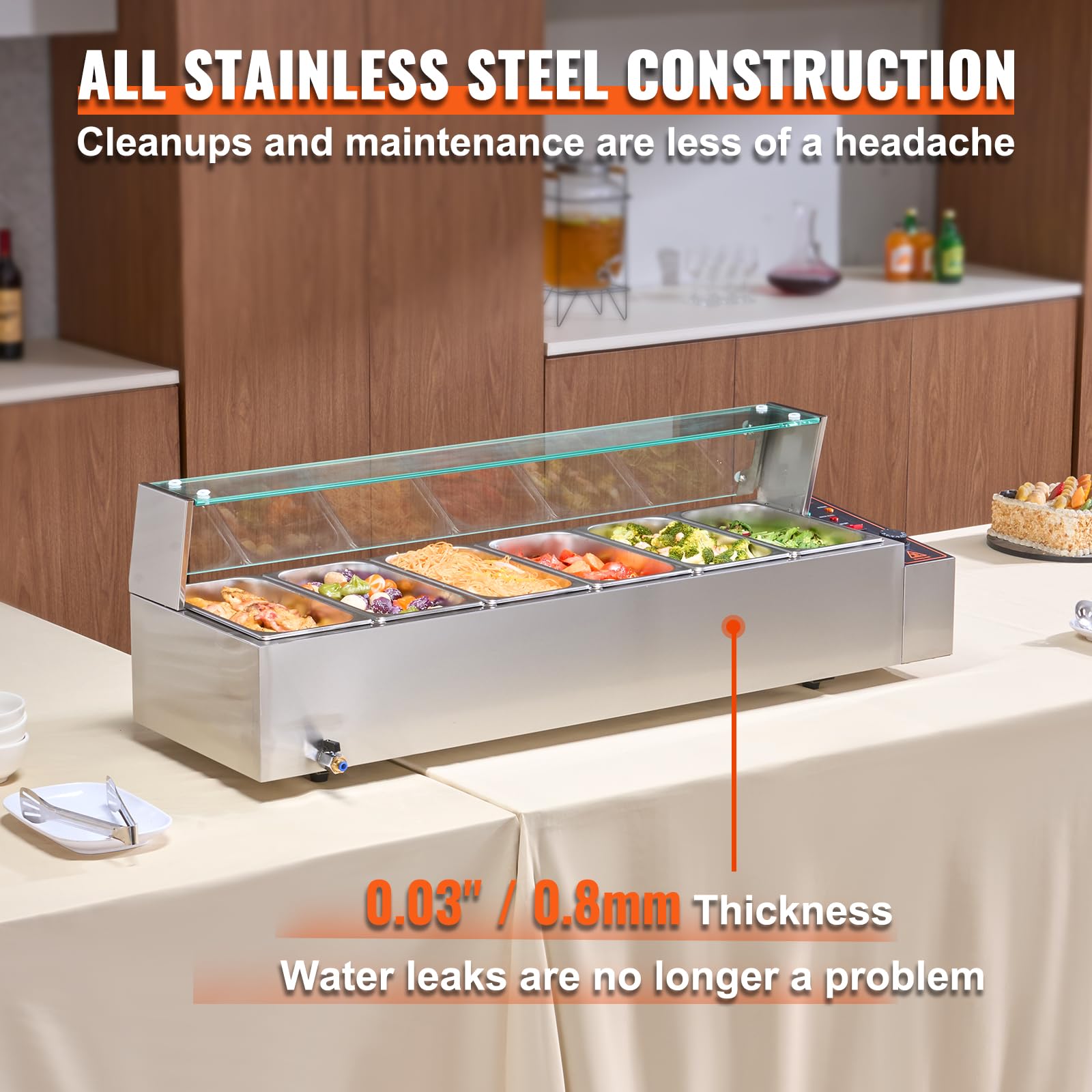 VEVOR 6-Pan Commercial Food Warmer, 6 x 8QT Electric Steam Table with Glass Cover, 1500W Countertop Stainless Steel Buffet Bain Marie 86-185°F Temp Control for Catering, Restaurants, Silver