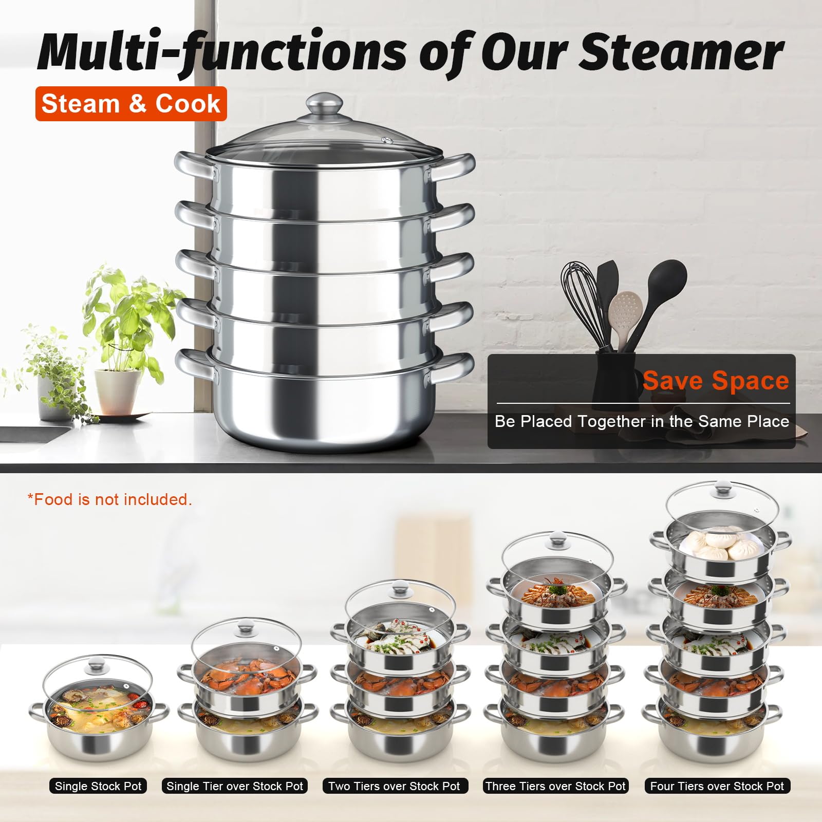 5-Tier Steamer Pot for Cooking 11.8in/30cm Steamer Pot,Stainless Steel Steam Pot Cookware with Glass Lid for Dumpling, Stock, Sauce, Food (Silver, 12 in)