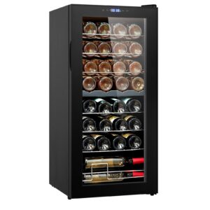 vevor 32-bottle wine cooler, dual zone & dual temperature wine fridge, freestanding refrigerator with digital control, tempered glass door with uv protection, red & white wine storage for home bar