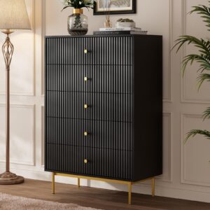 maisonaria 5 drawer dresser for bedroom, tall dresser chest of drawers with gold handles, wood dresser storage cabinet for bedroom, black