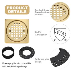 Yaseingoo 4” Drain Grate Kit - Compatible with Schluter Kerdi-Drain Flange - Shower Floor Drain Kit with Adjustable Collar - Removable Square Drain Set - SUS 304 Stainless Steel Grate - Brushed Brass