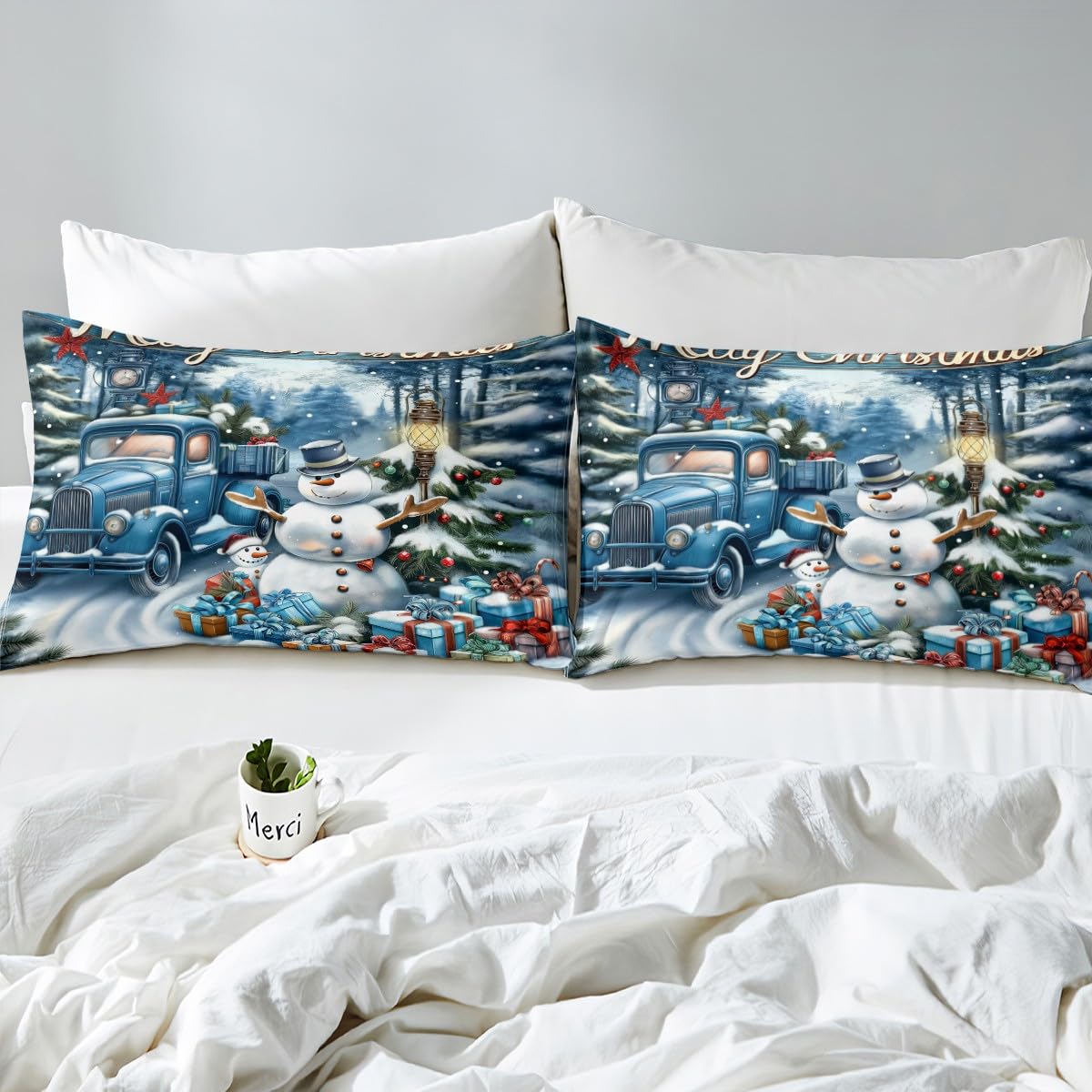 Manfei Christmas Duvet Cover,Snowy Trailer Truck Xmas Gifts Quilt Cover(No Filler),Winter Snowman Pine Trees Romantic Blue White Bedding Set with 2 Pillowcases,Teens Room Decor,Queen Size