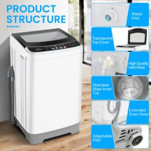 Nictemaw Portable Washing Machine, 17.8Lbs Full Automatic Washing Machine, 2.4 Cu.ft Compact Portable Washer with 10 Programs, 8 Water Levels, Glass Top Lid, Drain Pump, Ideal for Apartment, Home, RVs