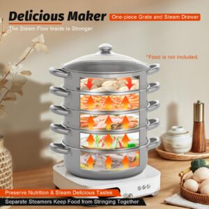 5-Tier Steamer Pot for Cooking 11.8in/30cm Steamer Pot,Stainless Steel Steam Pot Cookware with Glass Lid for Dumpling, Stock, Sauce, Food (Silver, 12 in)