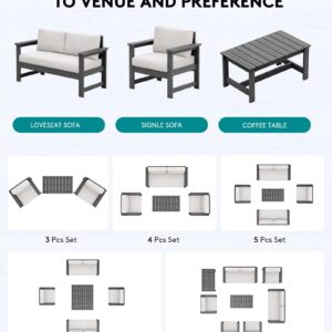 SERWALL 4 Pieces Outdoor Conversation Sofa Set with Cushions, HDPE Outdoor Couch Loveseat Furniture with Side Table All Weather Use for Patio, Balcony, Deck, Poolside, Grey Frame with Khaki Cushions