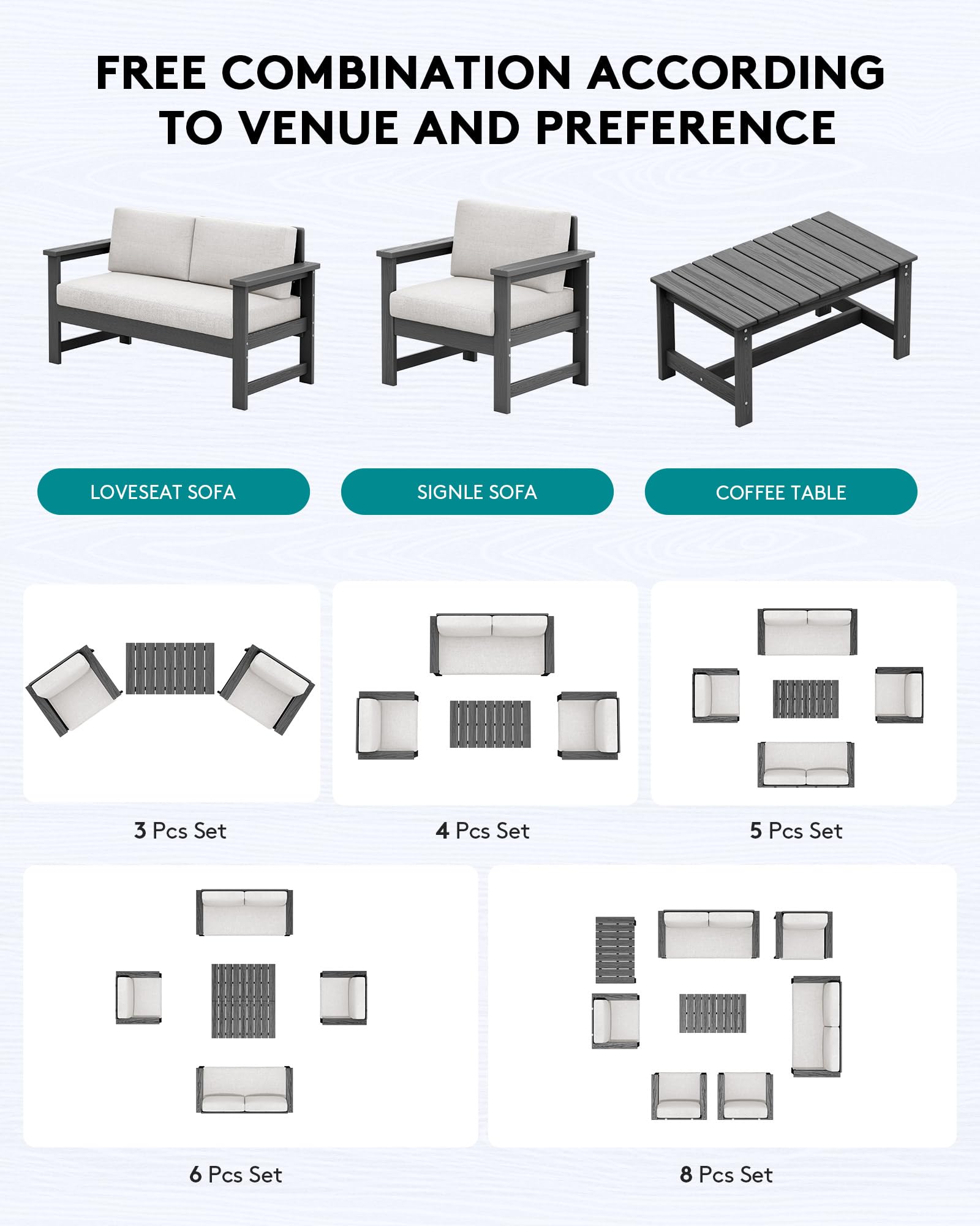 SERWALL 4 Pieces Outdoor Conversation Sofa Set with Cushions, HDPE Outdoor Couch Loveseat Furniture with Side Table All Weather Use for Patio, Balcony, Deck, Poolside, Grey Frame with Khaki Cushions