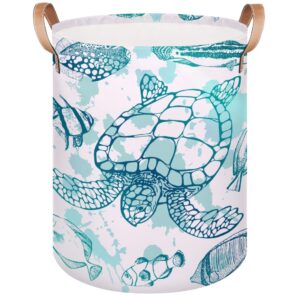 large laundry hamper basket sea turtle ocean theme round collapsible storage organizer bin for kids, boys, nursery, closet, bedroom, playroom, toys, dirty clothes, 16"w x 20"h