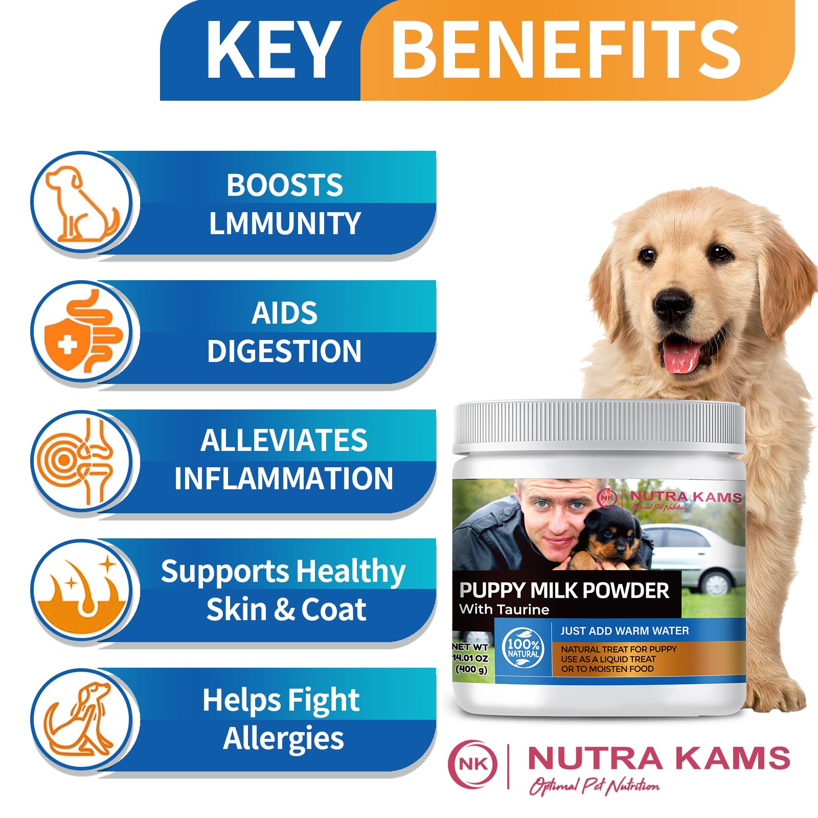 Nutra Kams Goat Milk Powder with Taurine for Puppies and Dogs Digestive Health, Strong Bones and Healthy Teeth.14. oz, 100% Natural.