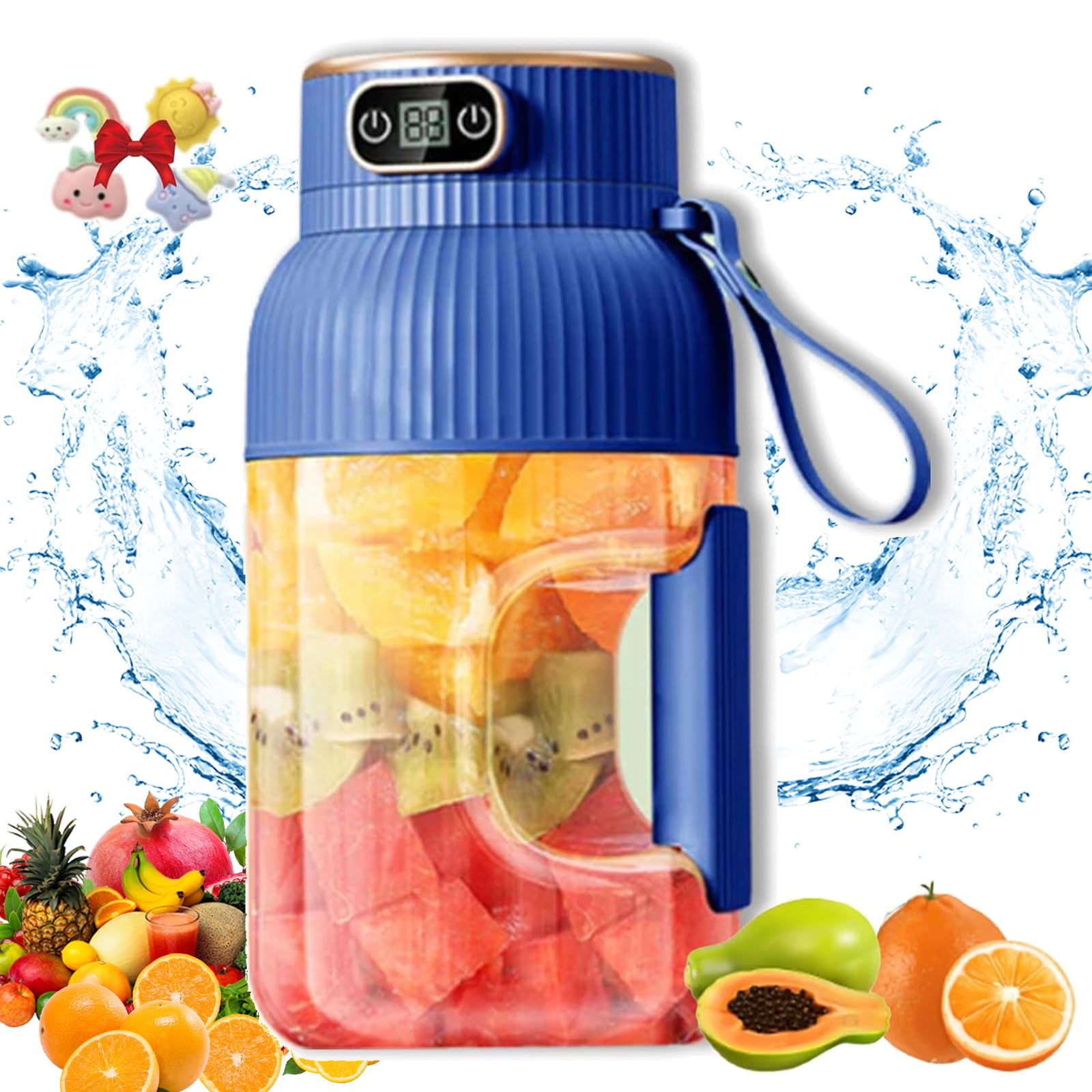 Ovidian Juicer Cup, The Ovidian Multifunctional Portable Juicer Cup with Digital Display, The Ovidian Portable Juicer, The Ovidian Portable Smoothie Blender On the Go (Blue, Single Cup+Single Lid)