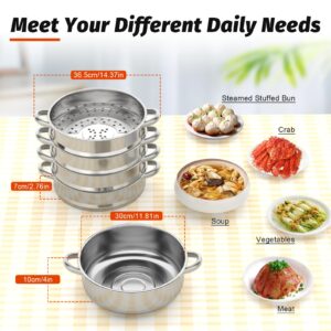 5-Tier Steamer Pot for Cooking 11.8in/30cm Steamer Pot,Stainless Steel Steam Pot Cookware with Glass Lid for Dumpling, Stock, Sauce, Food (Silver, 12 in)