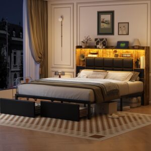 TIGUBFRE LED Bed Frame Queen Size with 2 Hidden Storage Drawers & Bookcase, PU Leather Headboard, Upholstered Platform Bed with Charging Station, Metal Slats Support, Noise Free, No Box Spring Needed