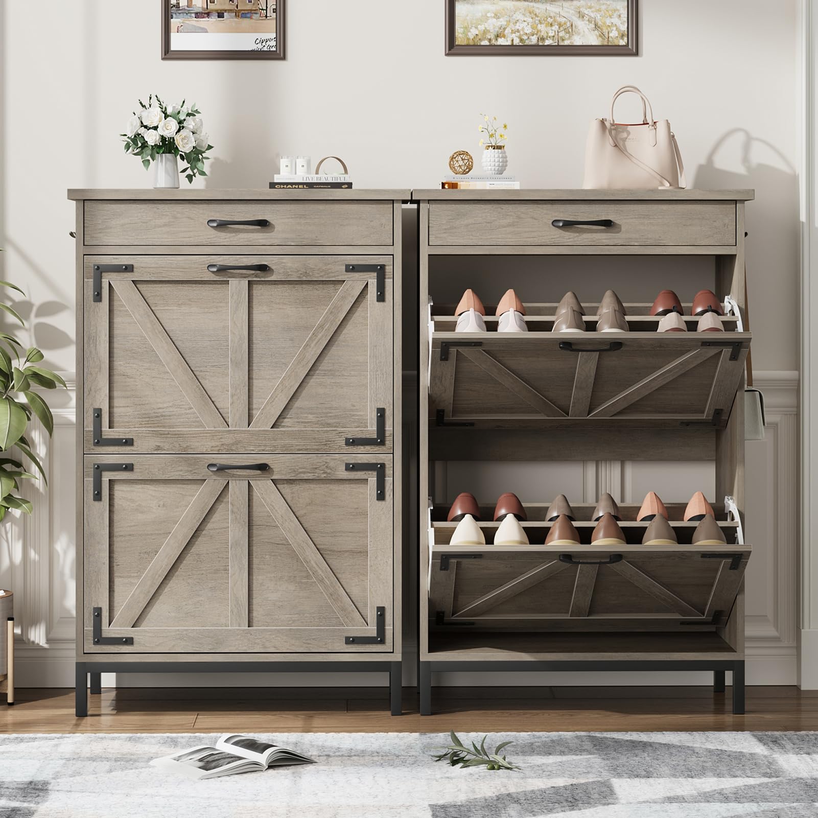 Shoe Cabinet Storage for Entryway Hidden Shoes Storage Cabinet with 2 Flip Drawers, Farmhouse Narrow Shoe Rack Cabinet Slim Free Standing Shoe Organizer Cabinet for Door Entry, Foyer, Hallway, Grey