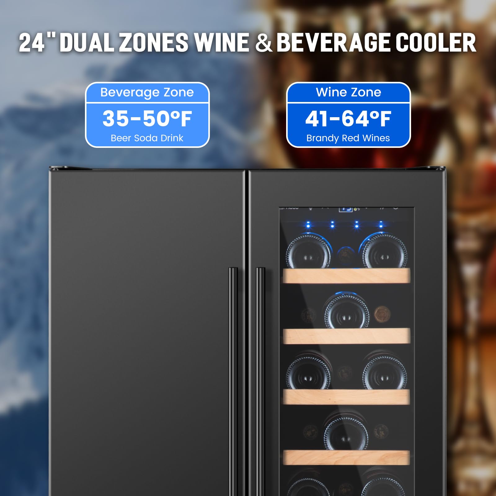 Friduo Wine and Beverage Refrigerator, 24inch Dual Zone Wine Cooler, 20Bottles 88Cans Undercounter Black Beverage Fridge for Bar Office Kitchen Drink Chiller