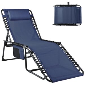 homshade folding outdoor chaise lounge chair - beach tanning lounger with 5-level adjustable backrest, 2-level footrest, removable pillow, side pocket, 330lb weight capacity for poolside, lawn, blue