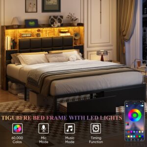 TIGUBFRE LED Bed Frame Queen Size with 2 Hidden Storage Drawers & Bookcase, PU Leather Headboard, Upholstered Platform Bed with Charging Station, Metal Slats Support, Noise Free, No Box Spring Needed