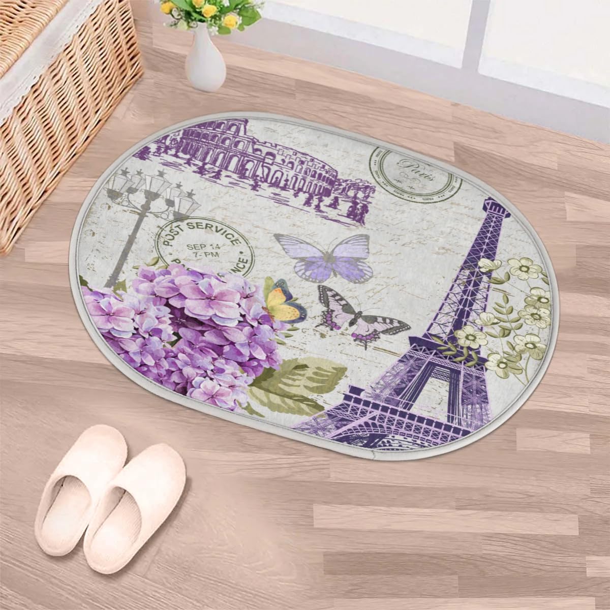 Kuquteed Purple Flowers Romantic Paris Oval Door Mat, Absorbent Floor Mats, Non-Slip Entryway Area Rugs, Soft Oval Floor Carpet for Bathroom Kitchen Bedroom Decor