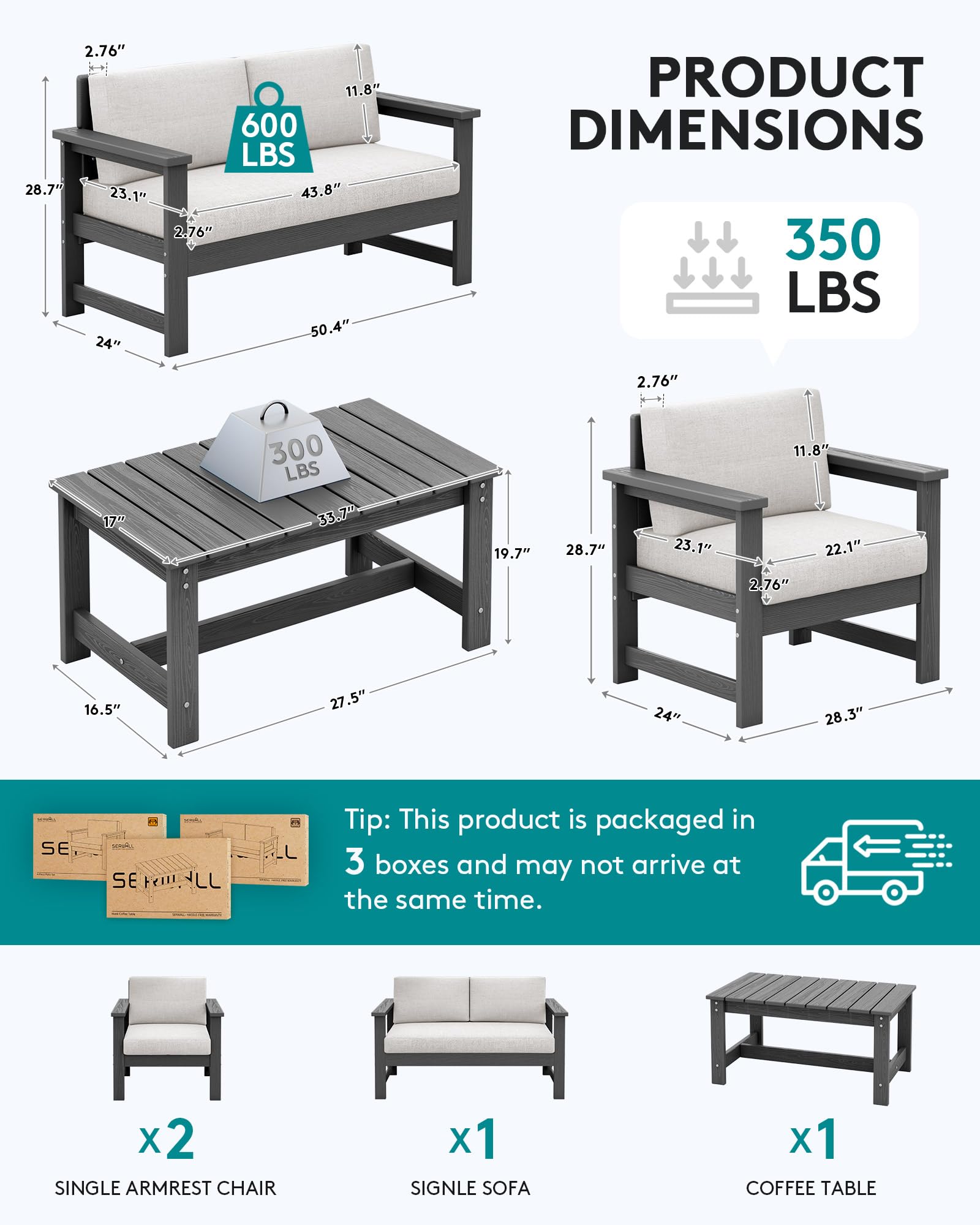 SERWALL 4 Pieces Outdoor Conversation Sofa Set with Cushions, HDPE Outdoor Couch Loveseat Furniture with Side Table All Weather Use for Patio, Balcony, Deck, Poolside, Grey Frame with Khaki Cushions