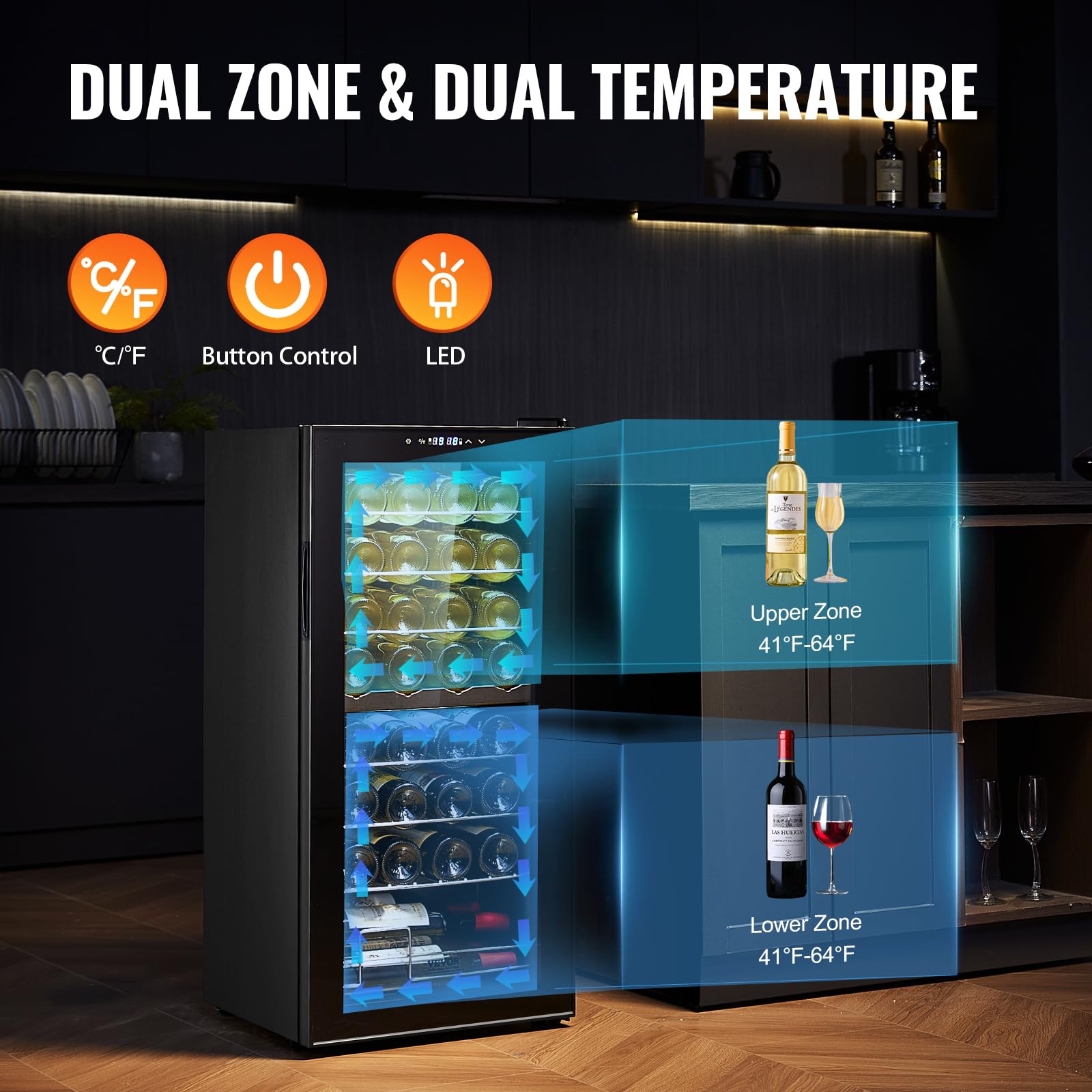 VEVOR 32-Bottle Wine Cooler, Dual Zone & Dual Temperature Wine Fridge, Freestanding Refrigerator with Digital Control, Tempered Glass Door with UV Protection, Red & White Wine Storage for Home Bar