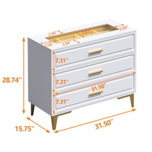 GLAUBIO Dresser for Bedroom,Jewelry Organizer with Glass Top,3 Drawer Dresser Organizer Drawer Cabinet,Small Dresser Gold Metal Legs, White