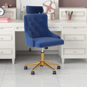 Westice Home Office Desk Chairs, Upholstered Velvet Swivel Desk Chair with Tufted Back, Gold Metal Base & Wheels, Height Adjustable Vanity Makeup Chair for Bedroom Living Room, Blue