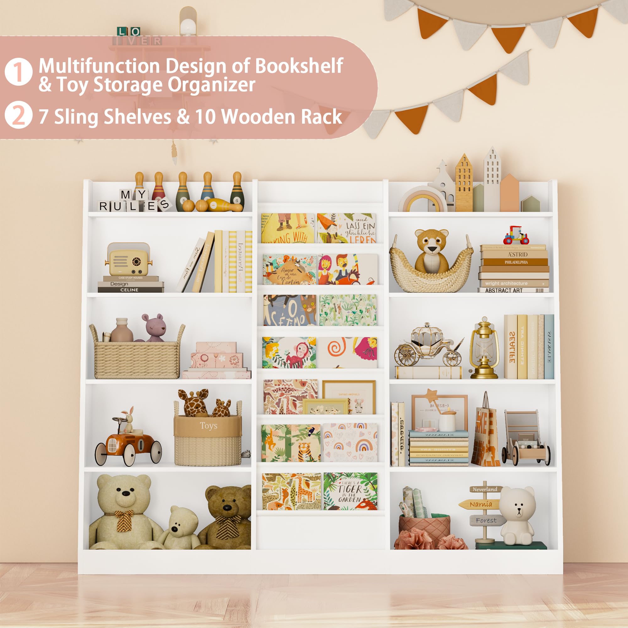 FOTOSOK 58’’ Kids Bookshelf, Super Large Wooden Book Shelf for Kids Rooms with 7 Deep Sling Sleeves and 10 Wooden Racks, Toy Storage Organizer Nursery Book Shelves for Quick Book Access, White