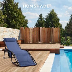 HOMSHADE Folding Outdoor Chaise Lounge Chair - Beach Tanning Lounger with 5-Level Adjustable Backrest, 2-Level Footrest, Removable Pillow, Side Pocket, 330lb Weight Capacity for Poolside, Lawn, Blue