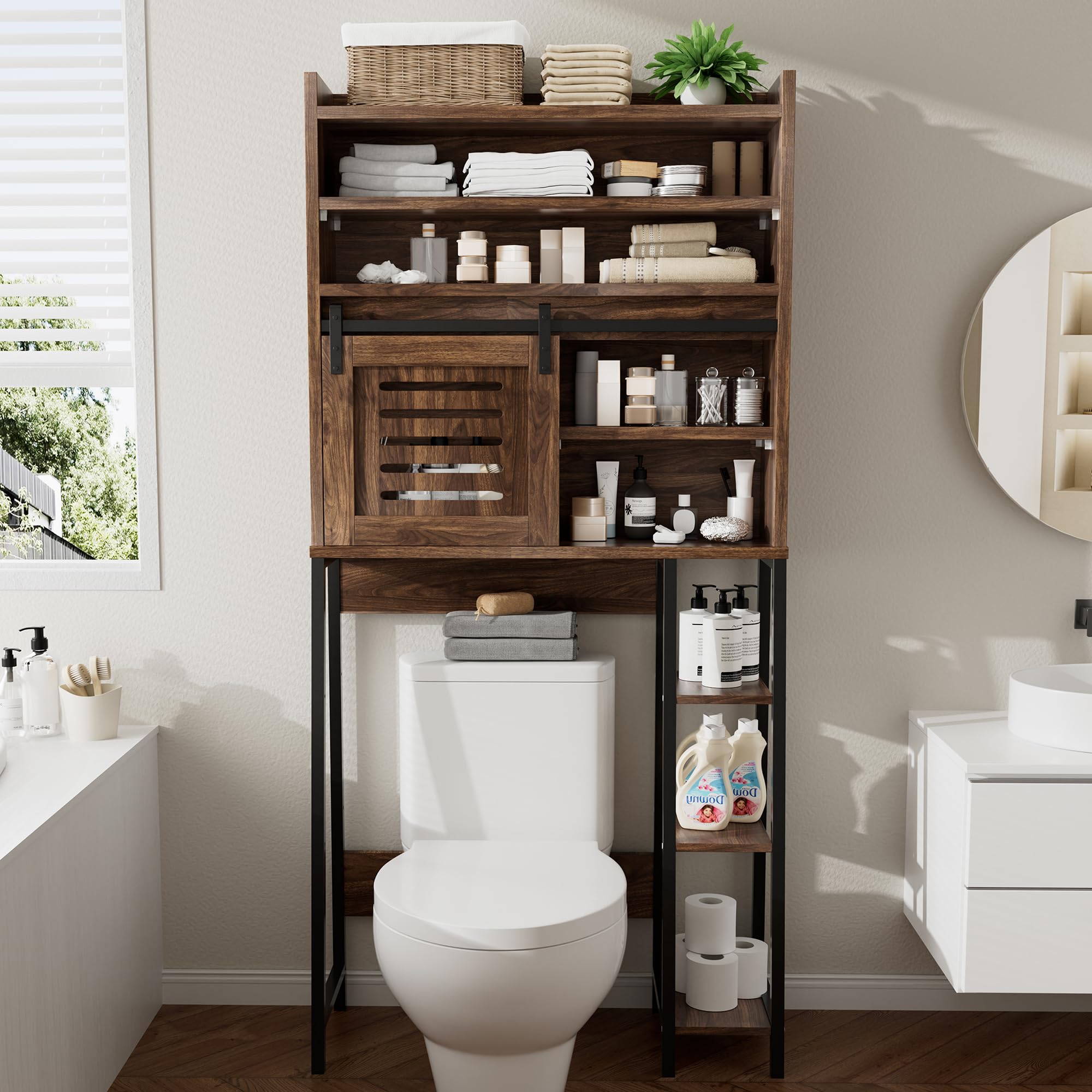 Meilocar Over The Toilet Storage Cabinet, Farmhouse Storage Cabinet Over Toilet with Sliding Doors, Freestanding Bathroom Cabinet Over Toilet Space Saver W/Adjustable Shelf, Walnut