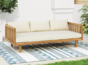 merax outdoor 3 seater daybed, acacia wood day bed couch sofa with cushions for patio backyard, garden, beige