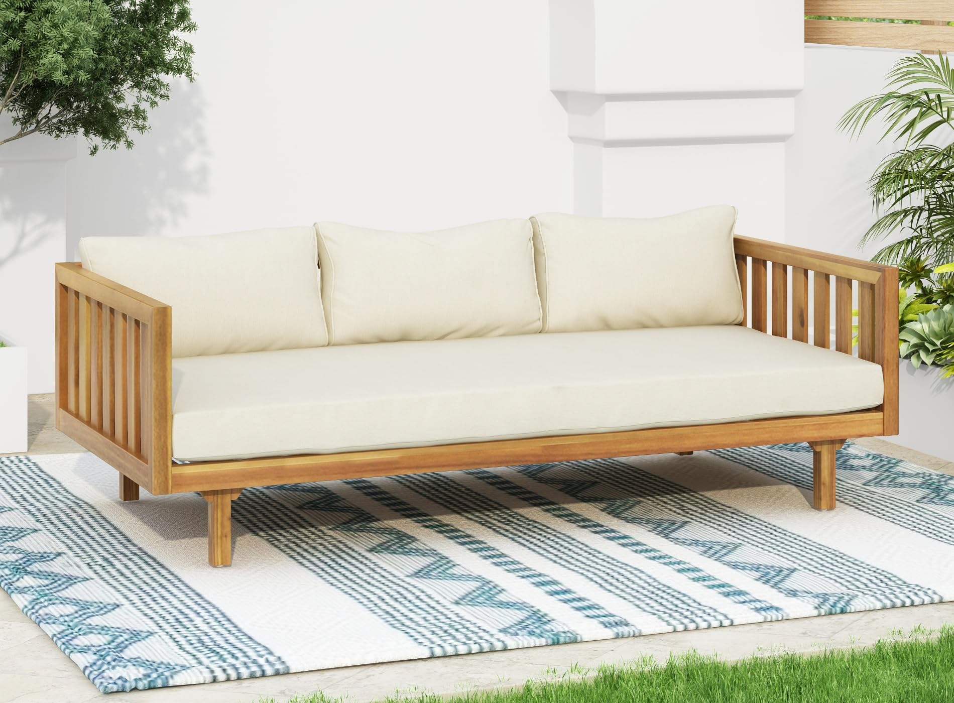 Merax Outdoor 3 Seater Daybed, Acacia Wood Day Bed Couch Sofa with Cushions for Patio Backyard, Garden, Beige