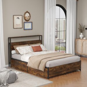 panana full/queen size bed frame with 4 storage drawers and headboard, 2 tier shelves headboard storage, with slats, noise free, no box spring needed (vintage brown, full)