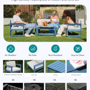 SERWALL 4 Pieces HDPE Outdoor Conversation Sofa Set with Cushions, Blue Frame and Khaki Cushion