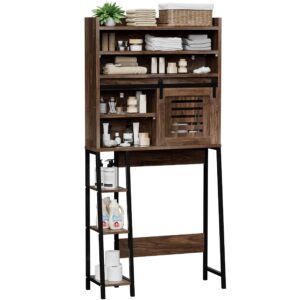 Meilocar Over The Toilet Storage Cabinet, Farmhouse Storage Cabinet Over Toilet with Sliding Doors, Freestanding Bathroom Cabinet Over Toilet Space Saver W/Adjustable Shelf, Walnut