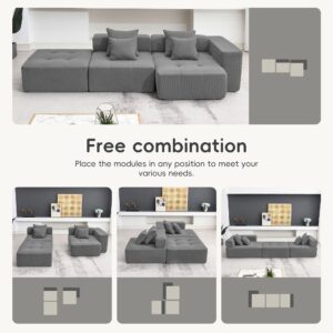 P PURLOVE L Shaped Sectional Sofa, Corduroy Modern Minimalist Style L Shaped Couch, Modular Upholstered Living Room Sofa Set for Living Room, Apartment, 3 PC Free Combination (Gray)