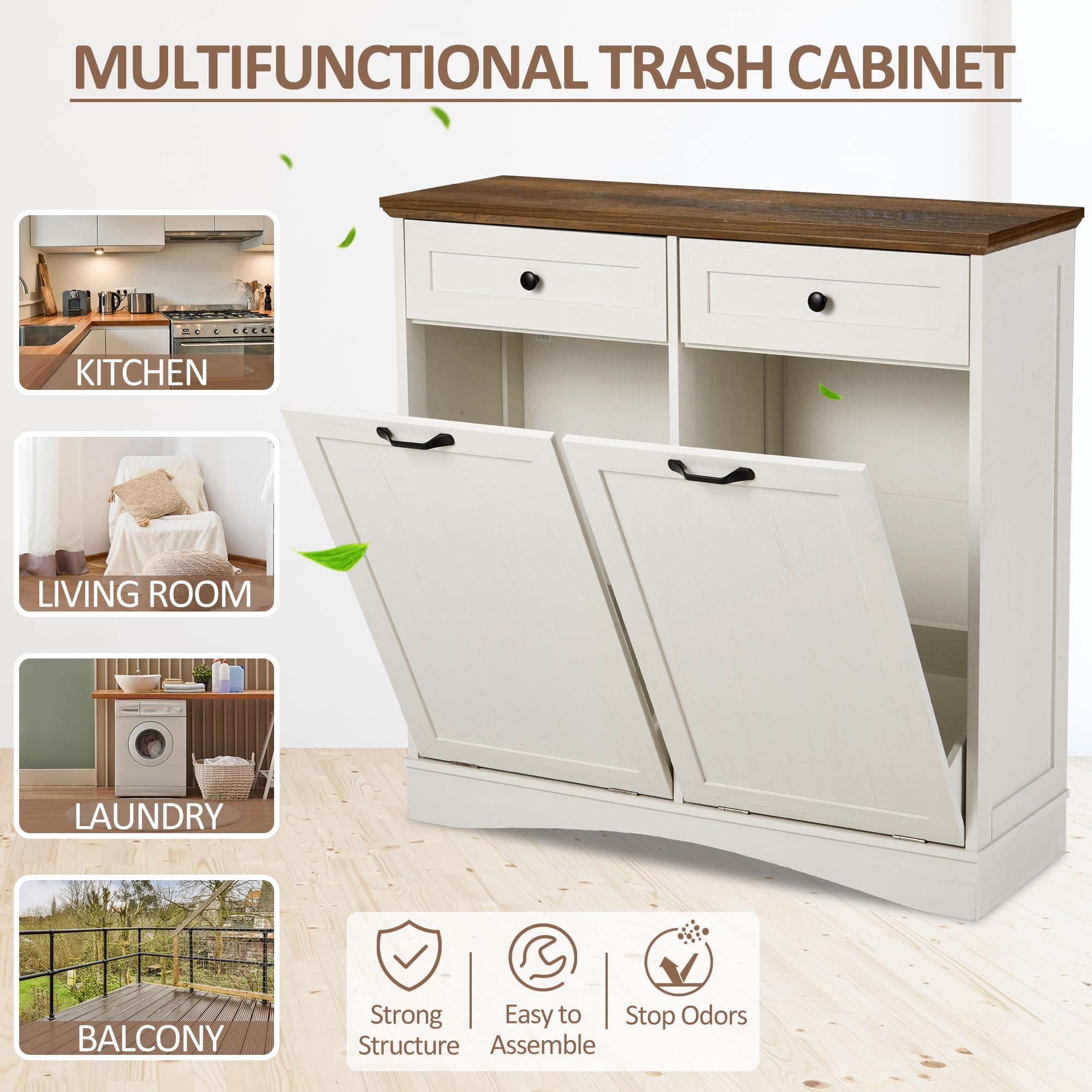 AHB Double Tilt Out Trash Cabinet Freestanding Kitchen Trash Cabinet, 2x13 Gallons Hidden Garbage Recycling Cabinet with Hideaway Drawers Pet Proof Trash Can for Kitchen Living Room, Vintage White