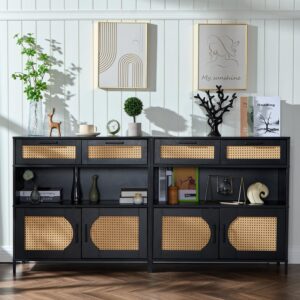 LIDYUK Sideboard Buffet Cabinet with Charging Station, Kitchen Storage Cabinet with Rattan Doors, Cupboard Console Table Sideboard Cabinet for Dining Room Hallway, Black