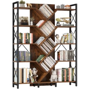 yitahome industrial tree bookshelf, large 5 tier bookcase tall standing book shelves organizer display rack for bedroom living room office, rustic brown