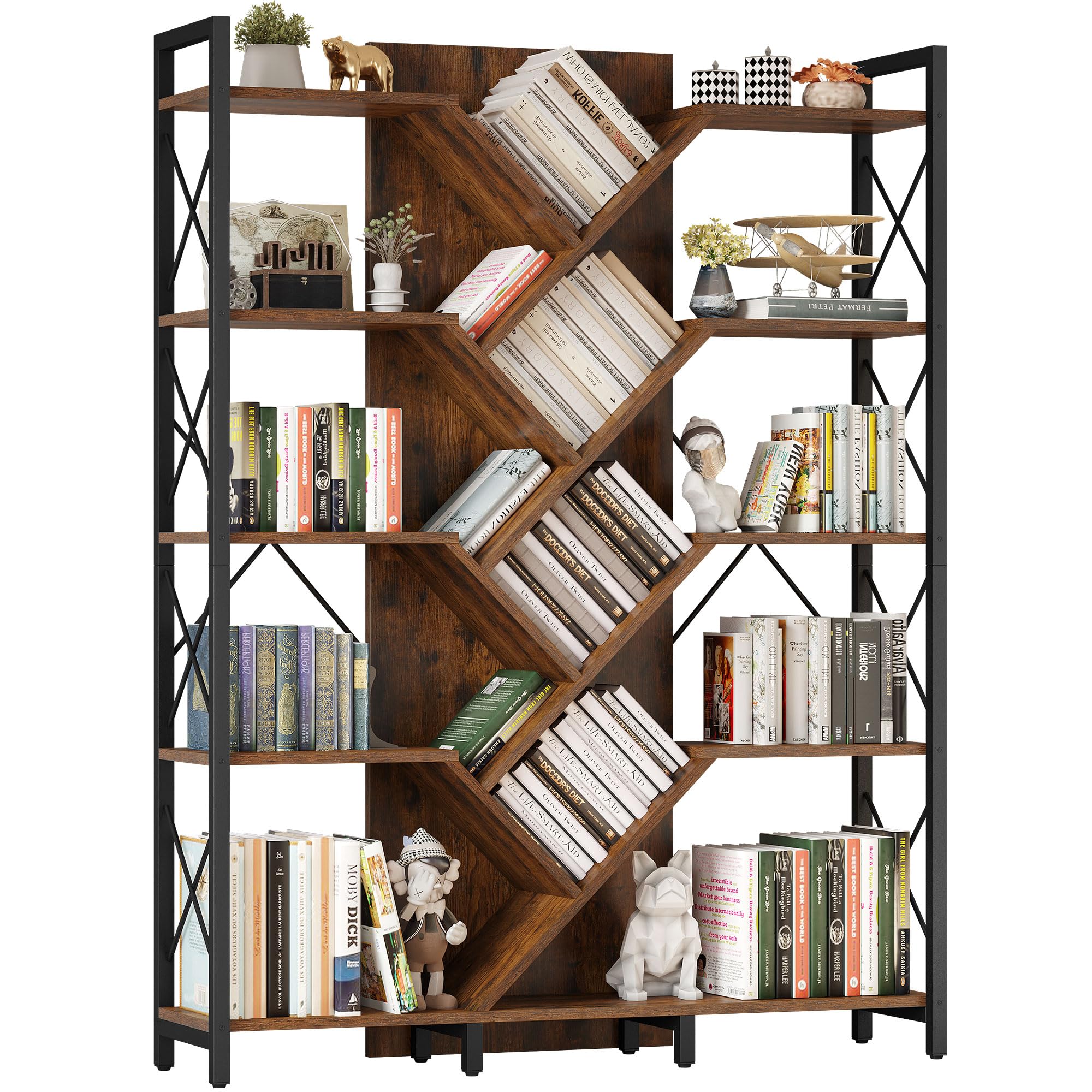 YITAHOME Industrial Tree Bookshelf, Large 5 Tier Bookcase Tall Standing Book Shelves Organizer Display Rack for Bedroom Living Room Office, Rustic Brown