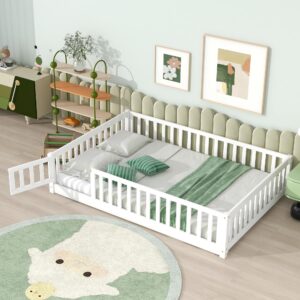 UOCFYK Full Size Floor Bed with Fence and Door for Kids Bedroom,Montessori Wood Floor Bedframe for Boys, Girls,Easy to Assemble,No Box Spring Needed,White