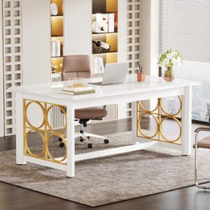 tribesigns 63" executive desk, modern office desk with glossy surface, large computer desk for home office, conference table for meeting room, glossy white & gold