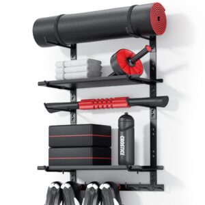 crostice home gym storage shelf only, adjustable gym equipment organizer wall mounted with 2 boards, yoga mat holder, storage rack compatible with peloton shoes & mat, shelf for home gym accessories