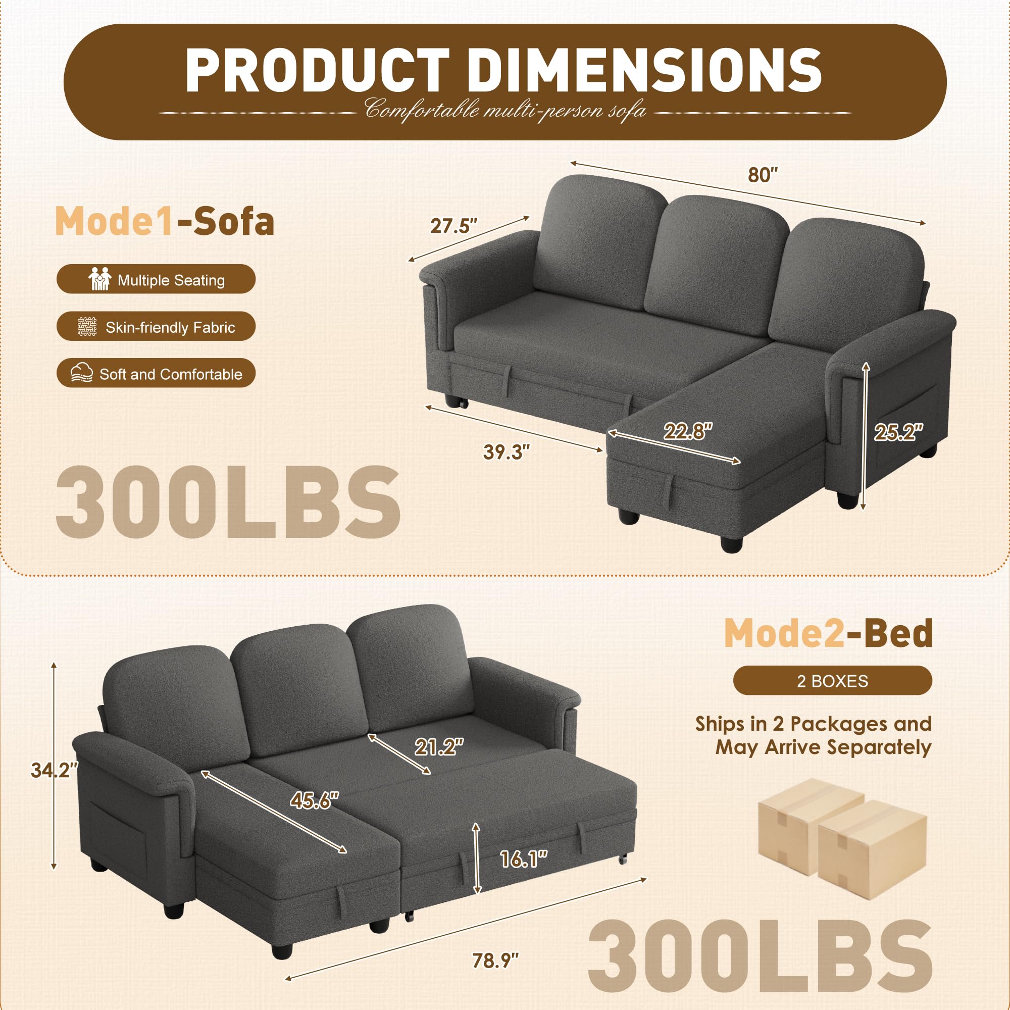 YESHOMY L-Shaped Sofa Bed Convertible Sectional,Pull Out Couches,3 Comfortable Seats with Storage Space,for Living Room,Cotton Grey