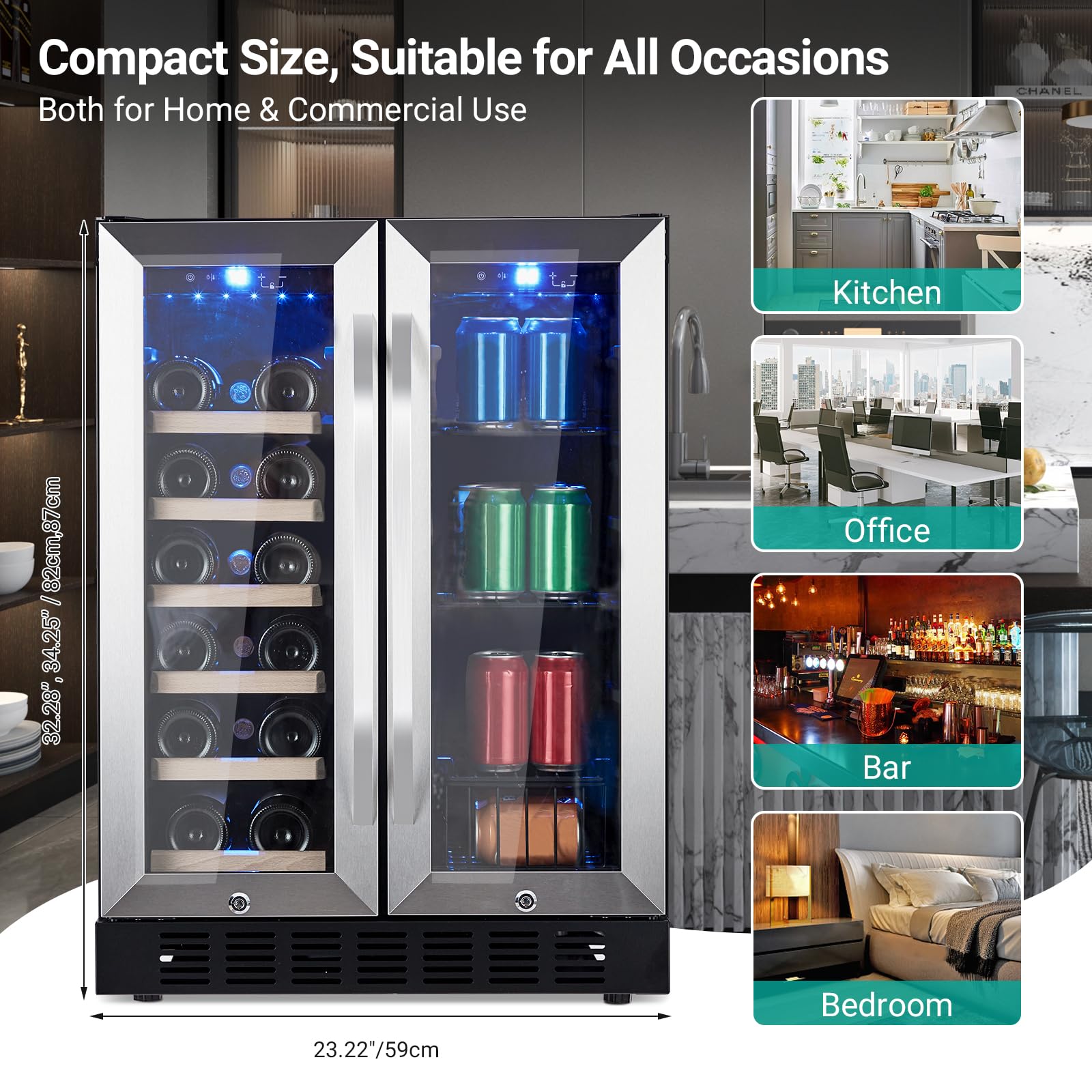 NovaVale Wine and Beverage Refrigerator, 24 Inch Dual Zone Wine Cooler with Glass Door Hold 21 Bottles and 88 Cans, Built in or Under Counter Wine Fridge with 2 Safety Locks and Digital Touch Control