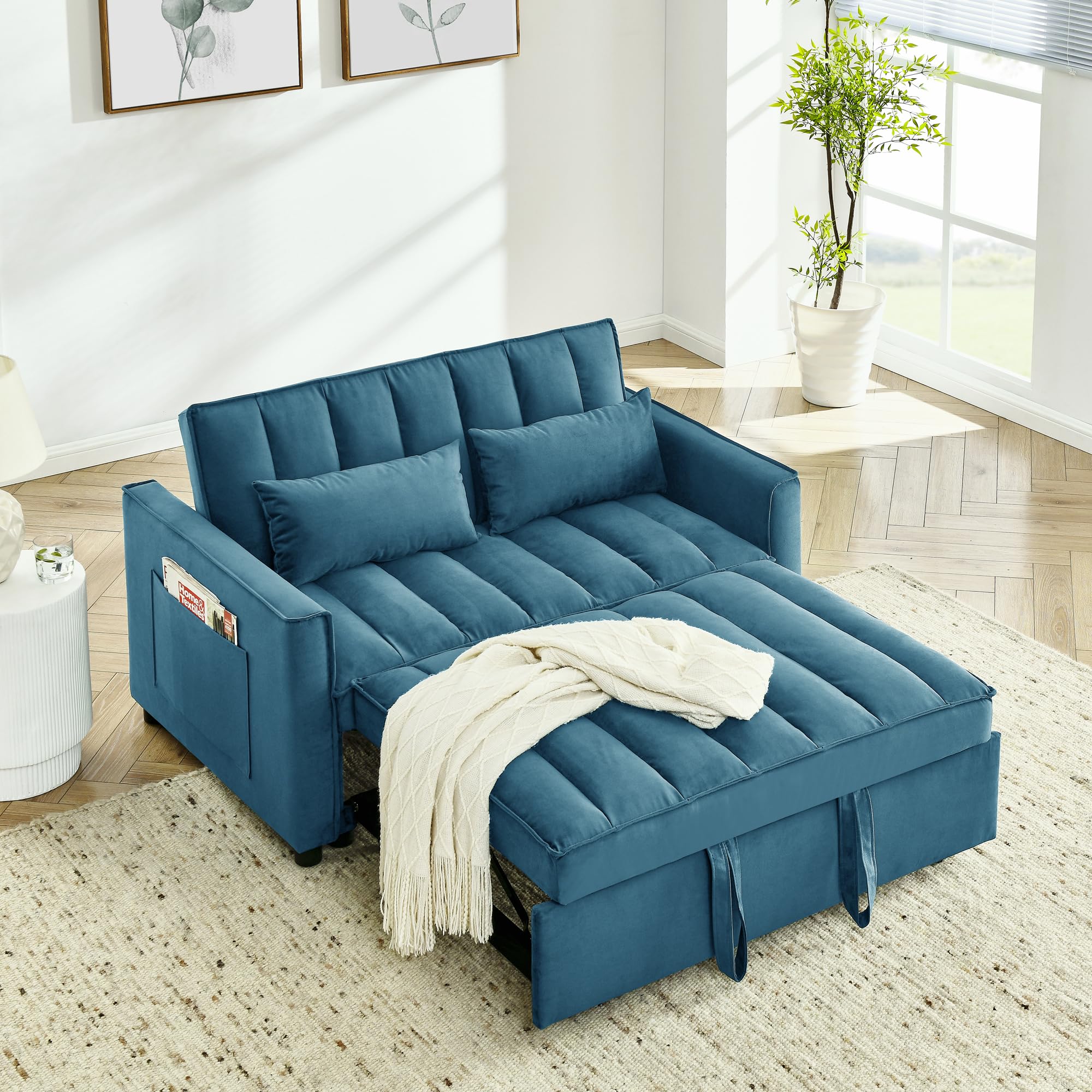 FREESNOOZE Modern Loveseat Sleeper Sofa Bed Pull Out Couch, Adjustable Backrest, Velvet 3-in-1 Convertible for Living Room Sofa with Storage Pocket, Throw Pillow(Blue)