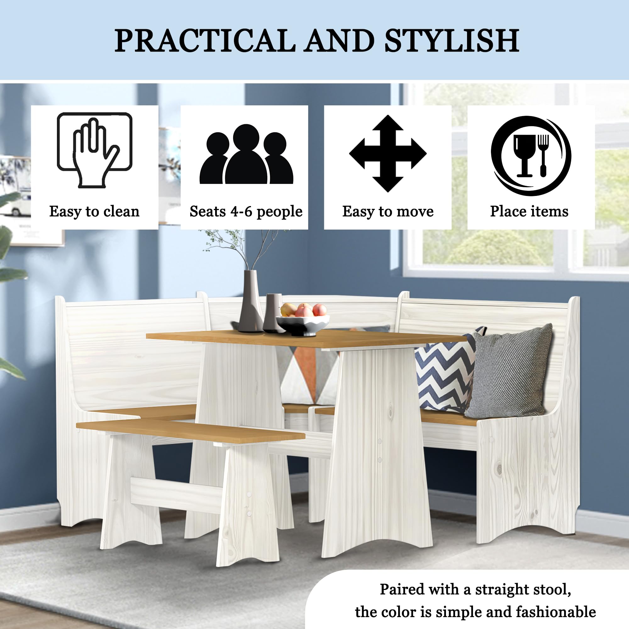 KYLE & KAY 3-Piece Dining Table Set, Corner Breakfast Nook Corner Set with Bench and Corner Seat, Space-Saving Kitchen Table for 4-6 People, Kitchen Corner Table, White