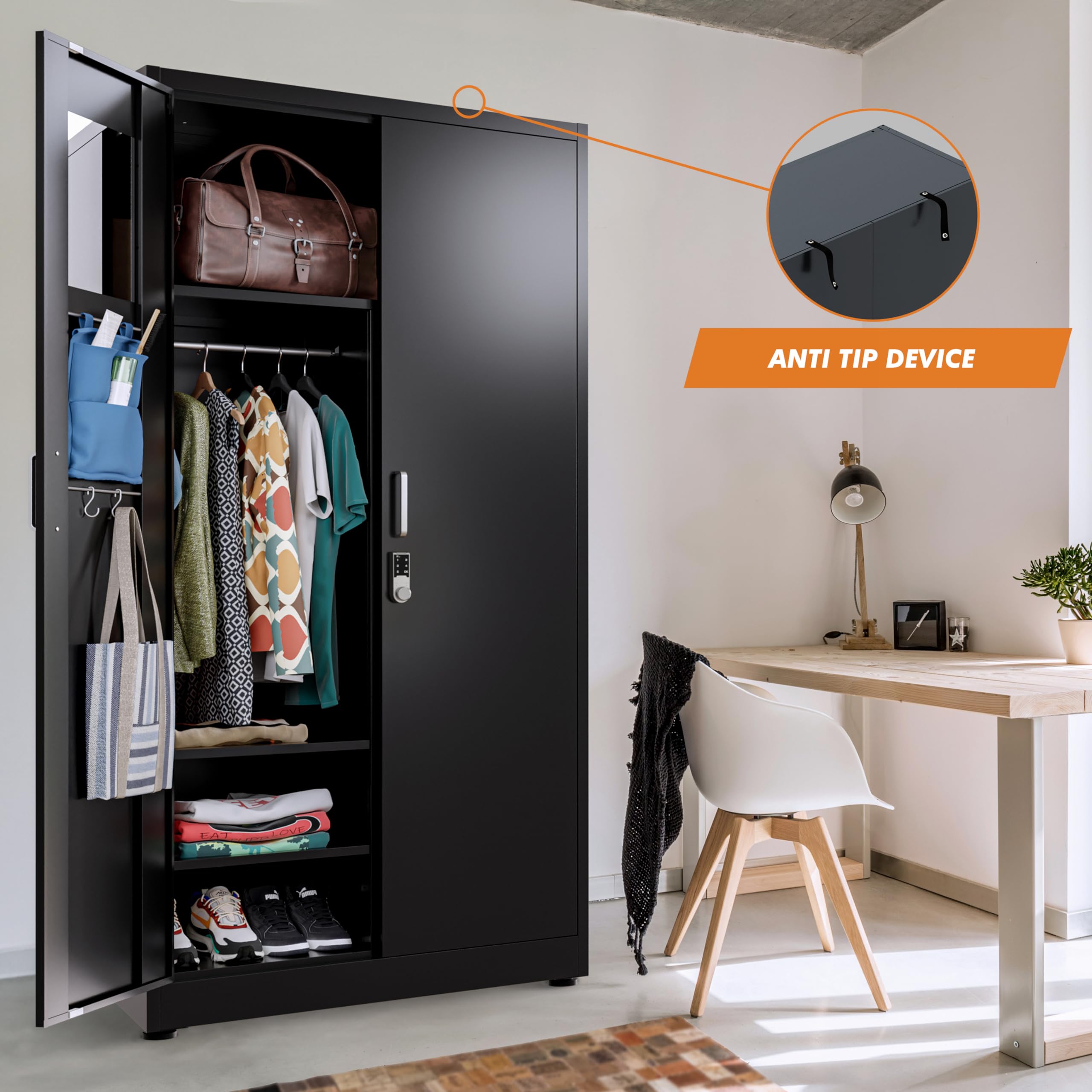 METALTIGER 72" Metal Wardrobe Armoire Closet Cabinet with Digital Lock, Adjustable Shelves, Hanging Rods, and Mirror - Lockable Steel Storage Locker Office, Gym, Laundry Room, or School (Black)