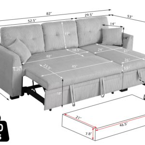 BEEY Small Sleeper Sofa, 82" Convertible L Shaped Couch with Pull Out Bed and Storage Chaise, Corduroy Sectional Sofa Bed for Bedroom, Living Room, Apartment, Light Grey