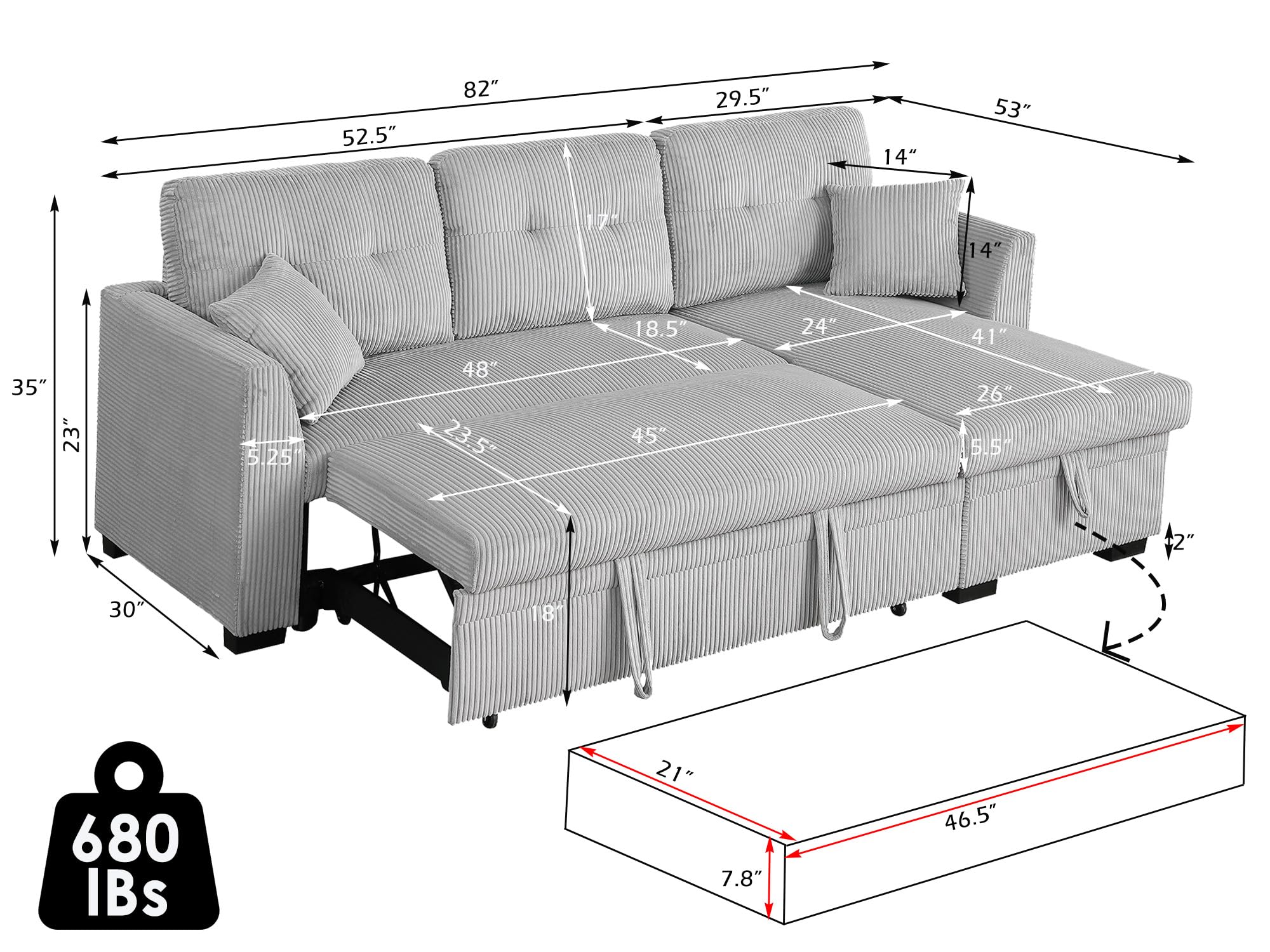 BEEY Small Sleeper Sofa, 82" Convertible L Shaped Couch with Pull Out Bed and Storage Chaise, Corduroy Sectional Sofa Bed for Bedroom, Living Room, Apartment, Light Grey